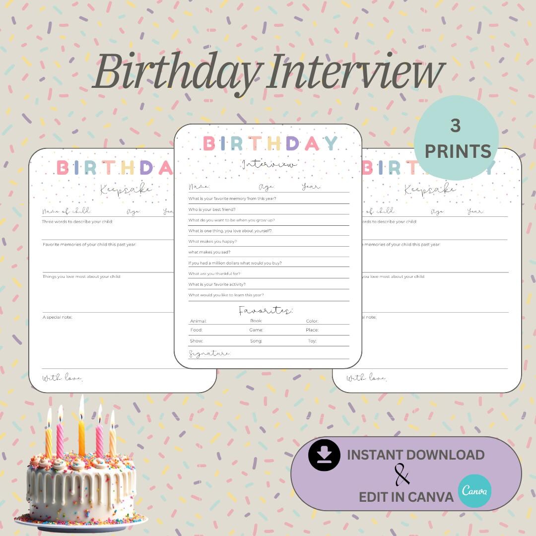 Keepsake Birthday Interview Yearly Questionnaire Downloadable Printable ...