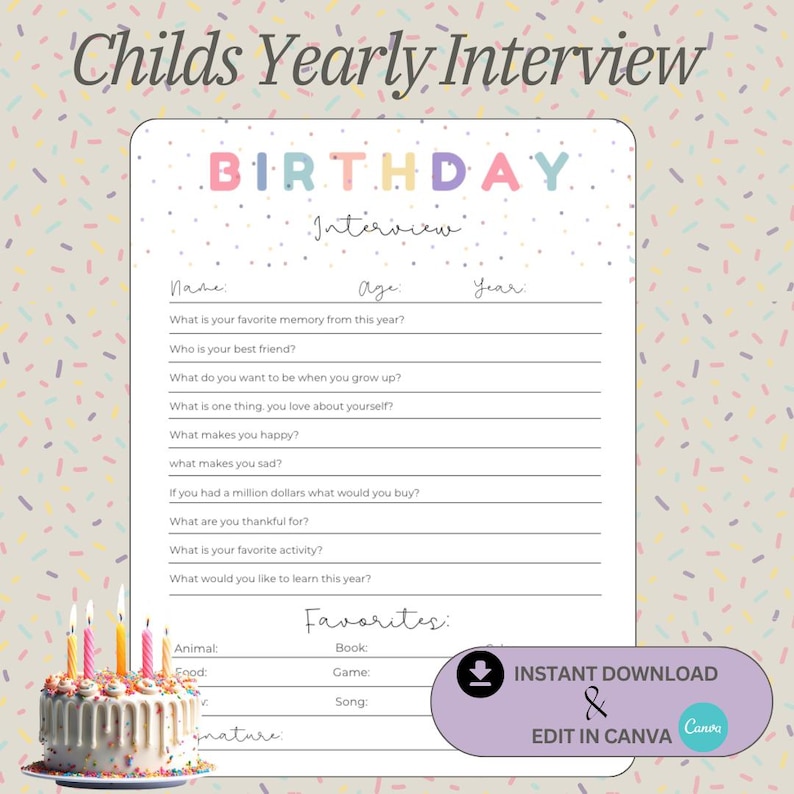 Keepsake Birthday Interview Yearly Questionnaire Downloadable Printable ...