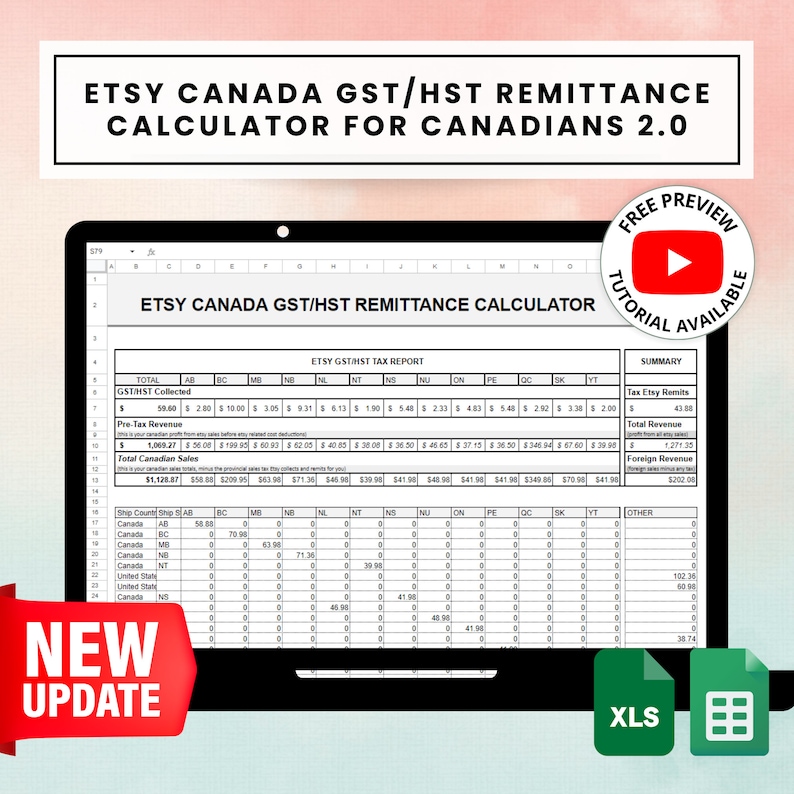 Print on Demand Etsy Seller Canadian Tax Spreadsheet, Excel Spreadsheet ...