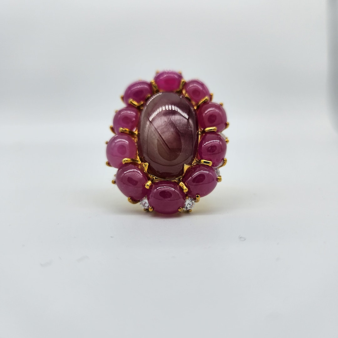 20ct Oval Cabochon Ruby Ring Surrounded 10pc Cabochon Ruby and - Etsy