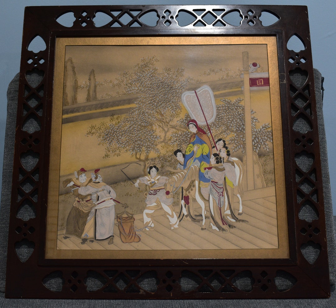 Vintage Chinese Silk Ink Painting of a Woman Being Escorted on a Horse ...