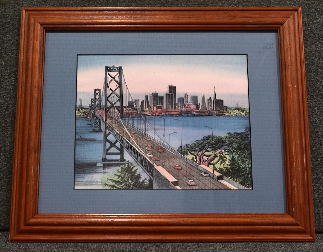 Hand Colored Etching of Golden Gate Bridge and San Francisco by Artist ...