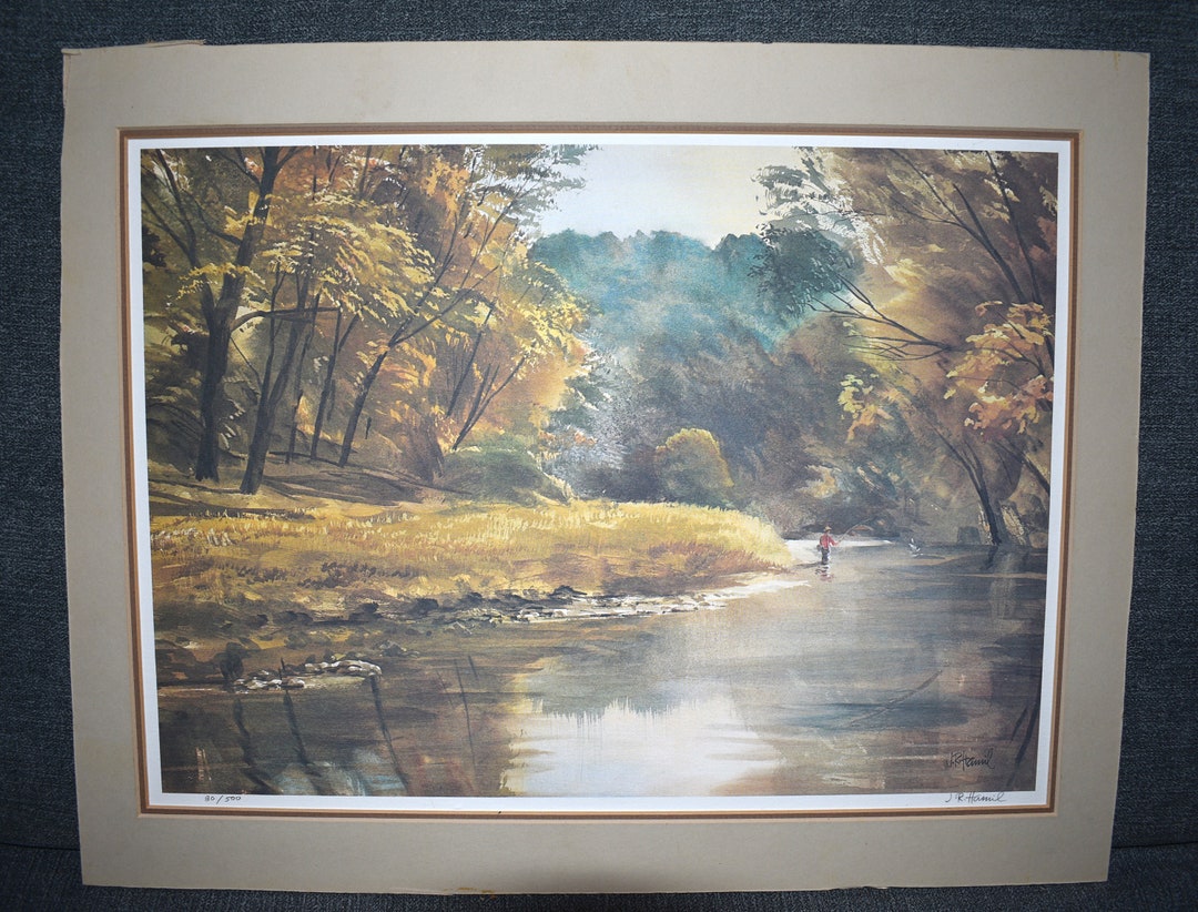 Watercolor Painting of Landscape and a Man Fishing by James R. Hamil - Etsy