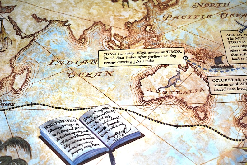 Vintage Map of the Voyage of H.M.S. Bounty - Etsy