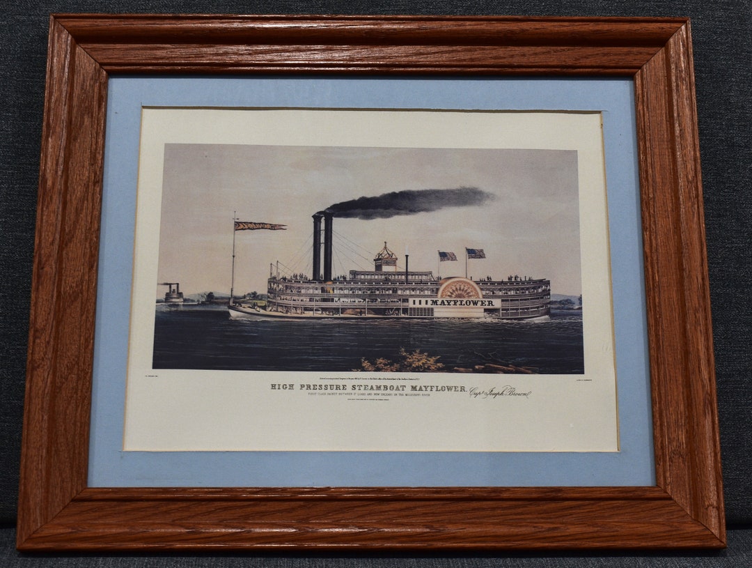 Vintage Lith N Currier Framed Lithograph Print "high Pressure Steamboat ...