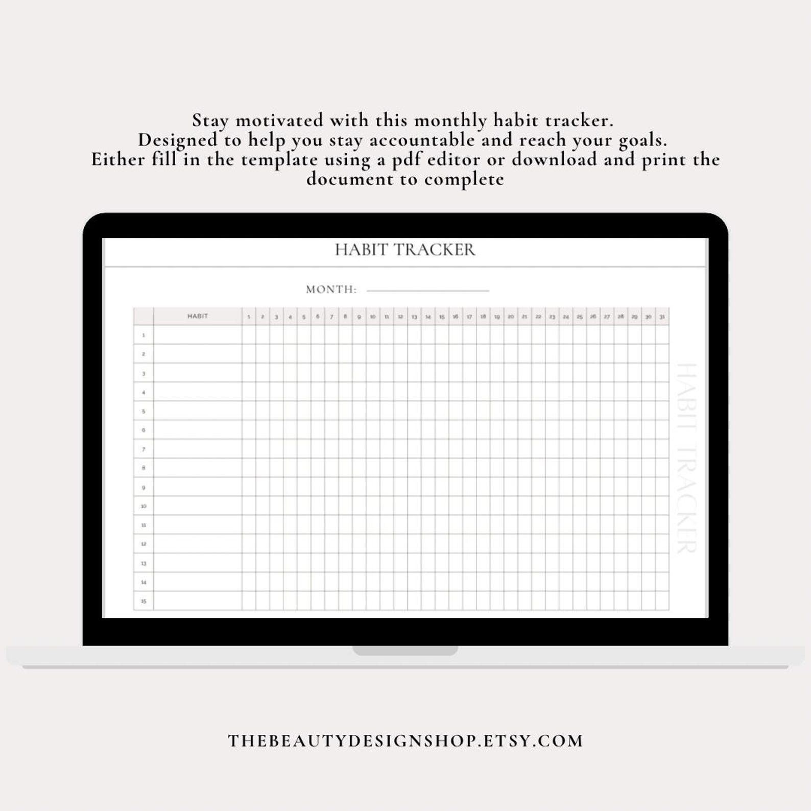 Monthly Habit Tracker Printable Instant Download Template Goal Setting ...