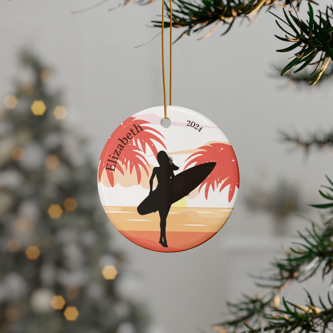 Personalized Girl Surfing Ornament, Surfer Girl Christmas Ornament ...