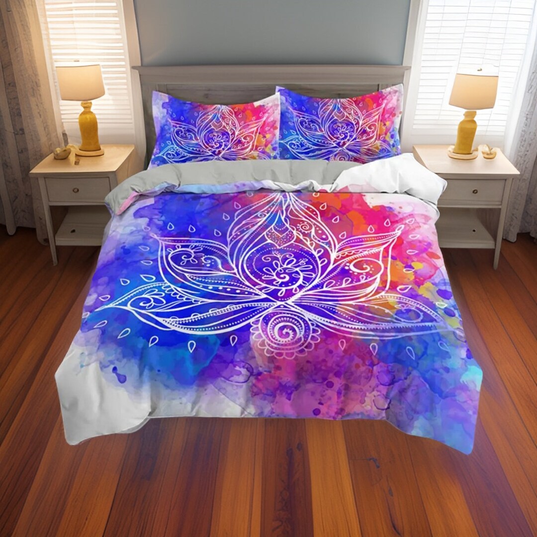 White Blue Red Boho Lotus Flower Bed Sheet Set, Printed Bohemian Bed ...