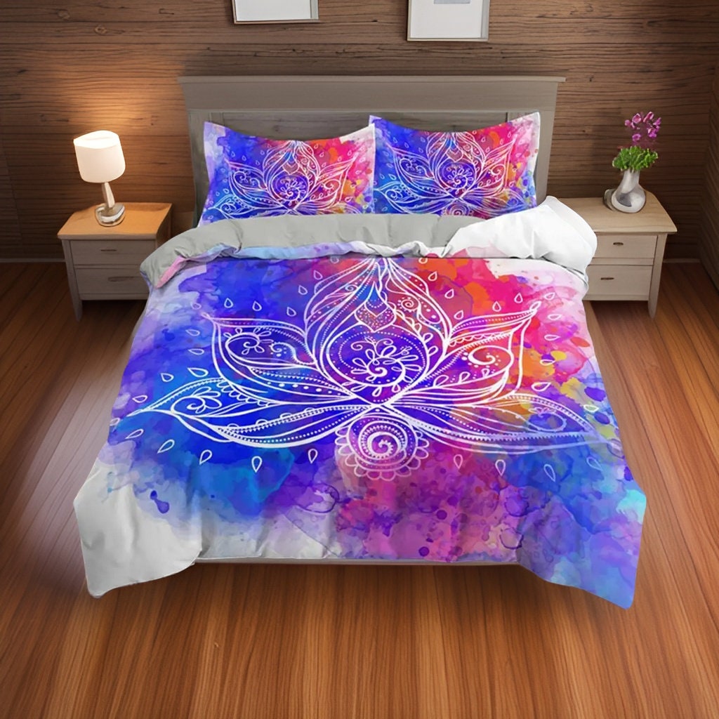 White Blue Red Boho Lotus Flower Bed Sheet Set, Printed Bohemian Bed ...