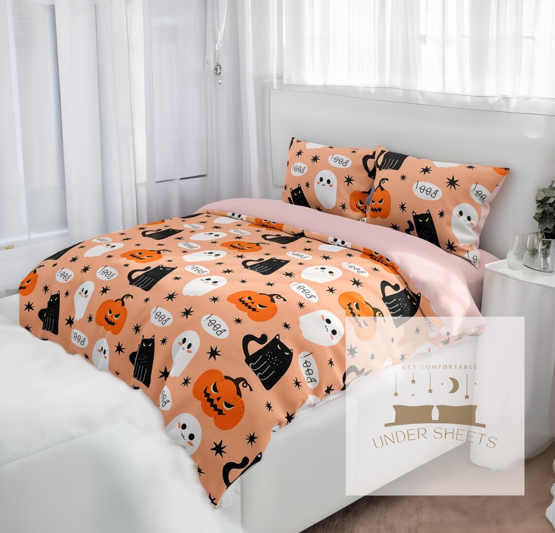 Cute Halloween Duvet Cover, Pumpkin Ghost Cat Comic-style Printed 3 ...