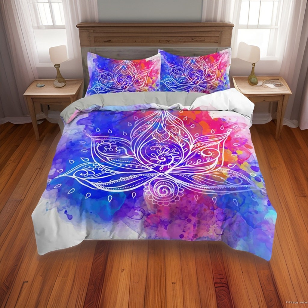 White Blue Red Boho Lotus Flower Bed Sheet Set, Printed Bohemian Bed ...
