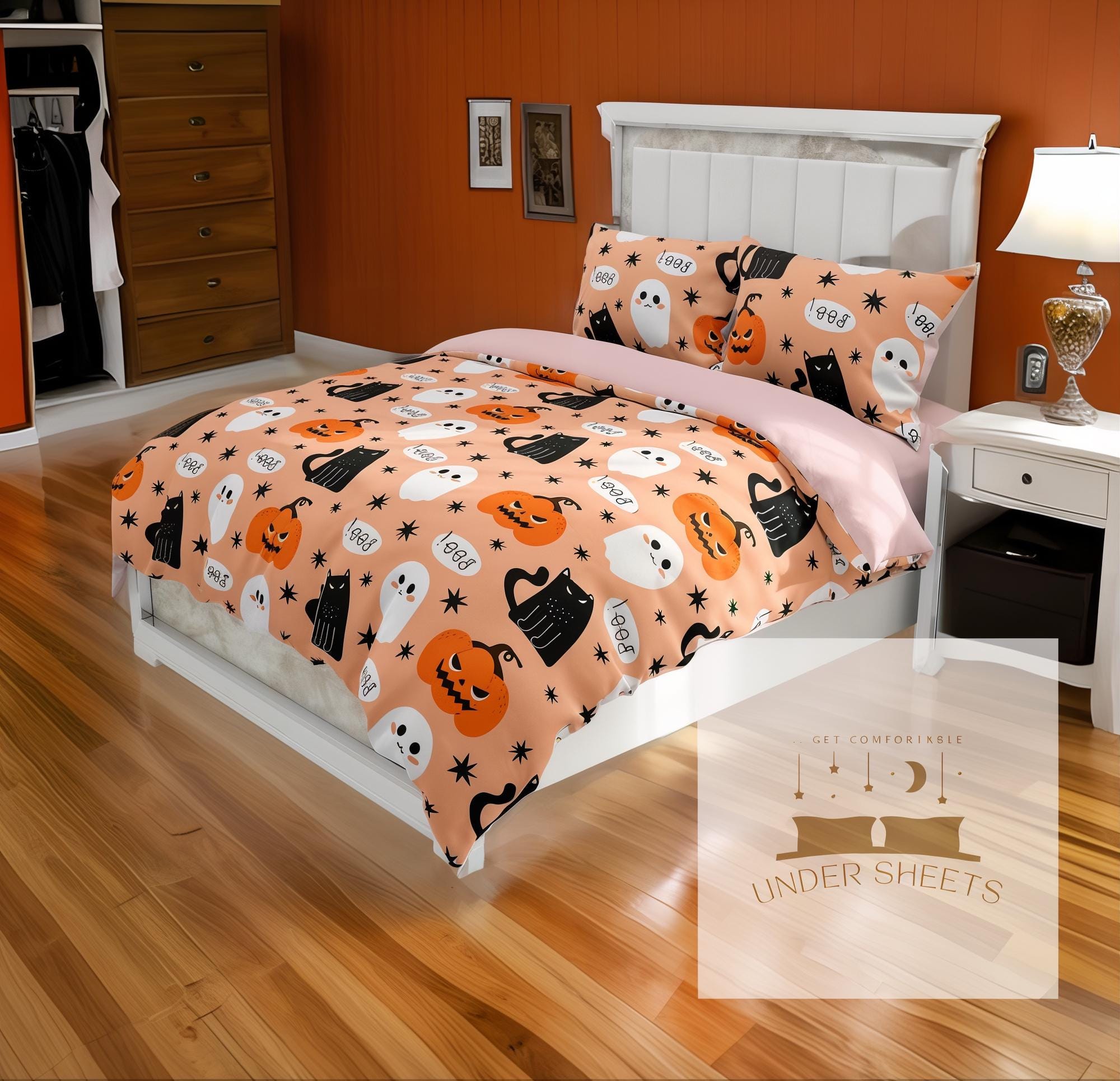 Cute Halloween Duvet Cover, Pumpkin Ghost Cat Comic-style Printed 3 ...