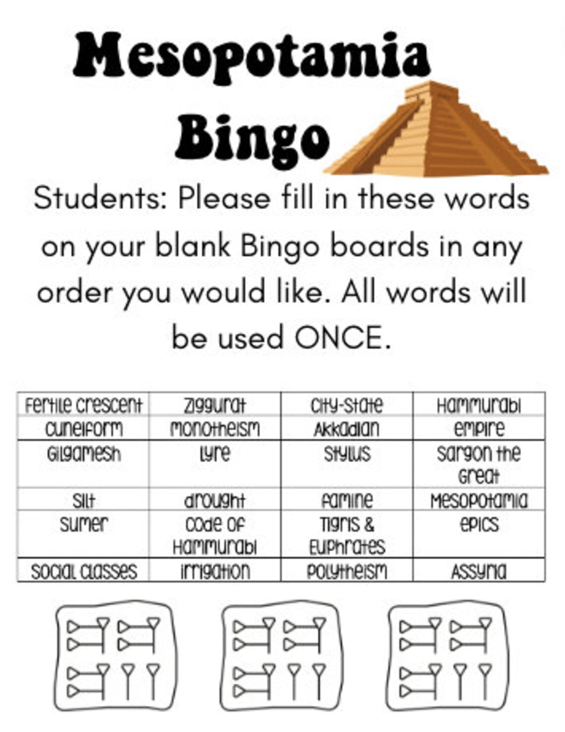 Ancient Mesopotamia Game, Ancient Mesopotamia Review Bingo, Bingo Game ...