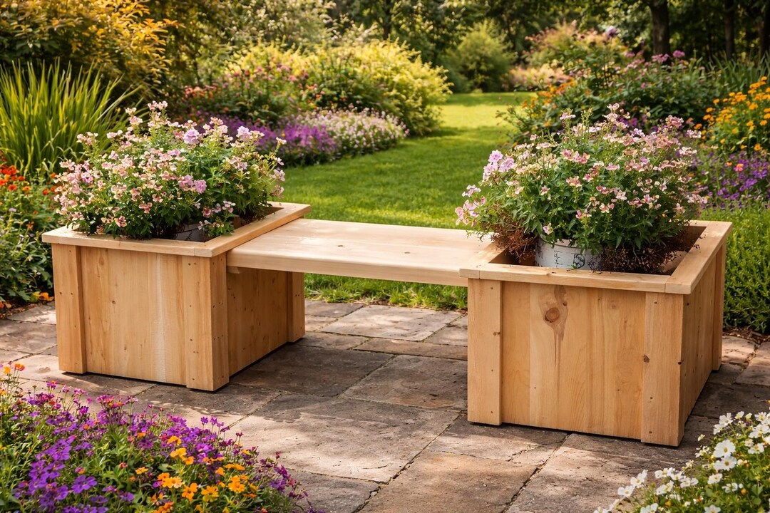 Handmade Wooden Garden Bench With Planter Boxes –outdoor Bench Seat ...
