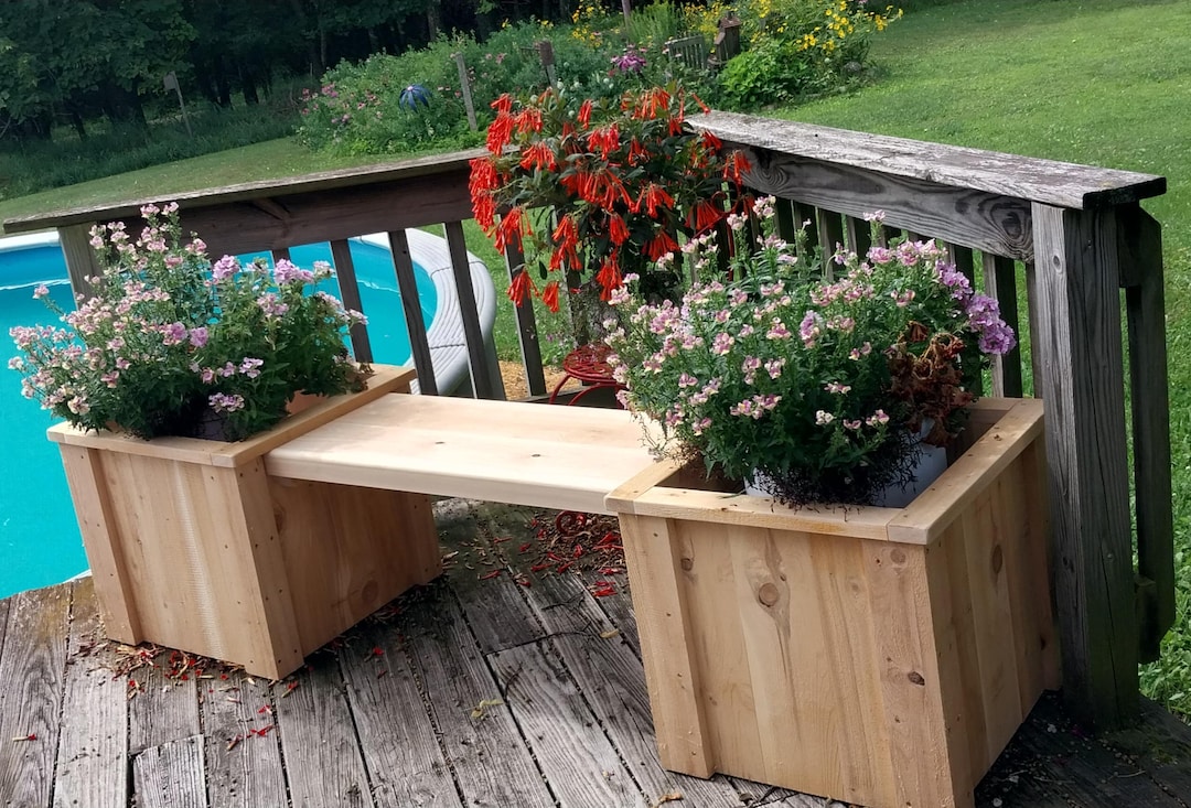 Cedar Planter Box Bench, Rustic Outdoor Garden Seating, Handcrafted ...