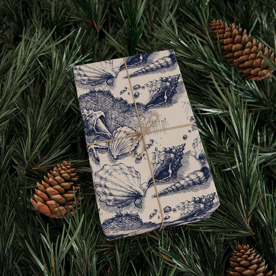 Vintage Blue Shell Pattern Wrapping Paper | Ocean Life Gift Wrap Roll ...