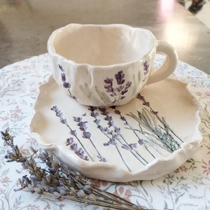 Ceramic Cup and Plate With Lavender Imprint. Pottery Lavender Set. - Etsy