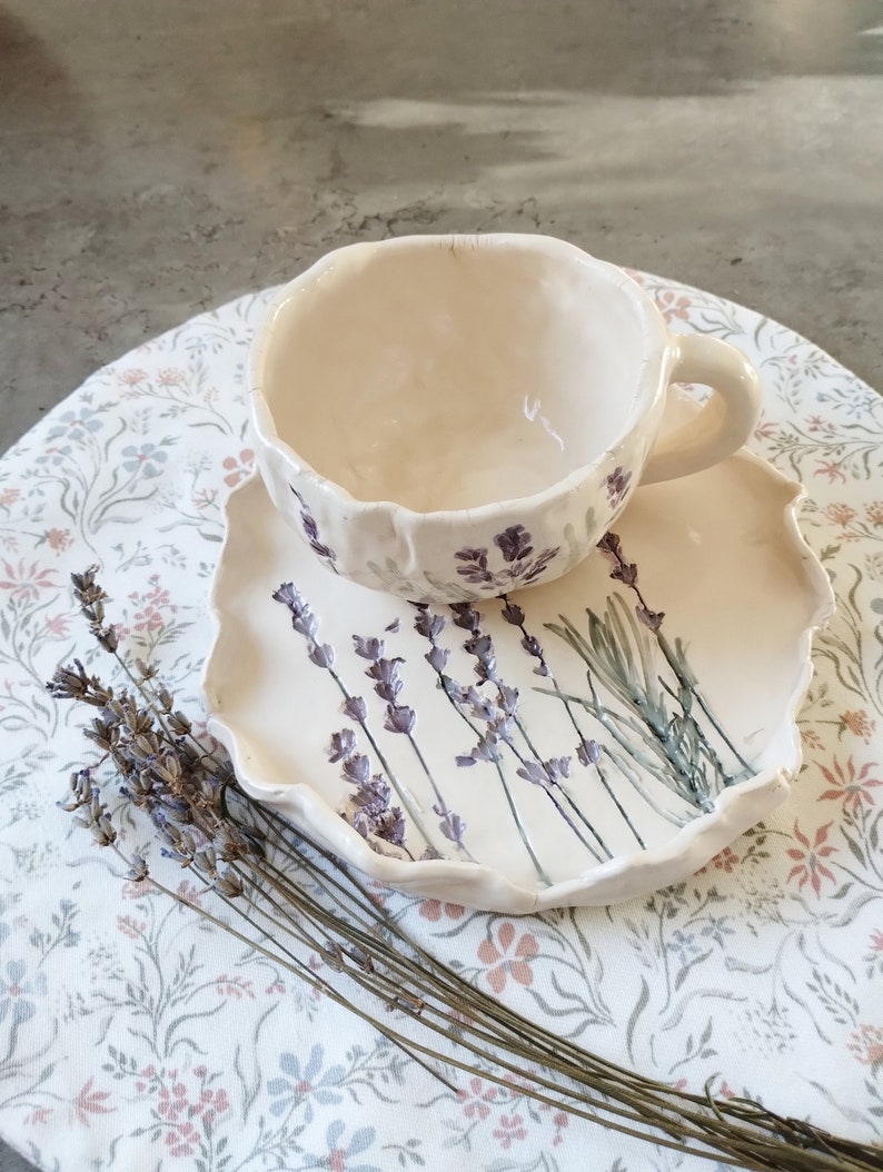 Ceramic Cup and Plate With Lavender Imprint. Pottery Lavender Set. - Etsy
