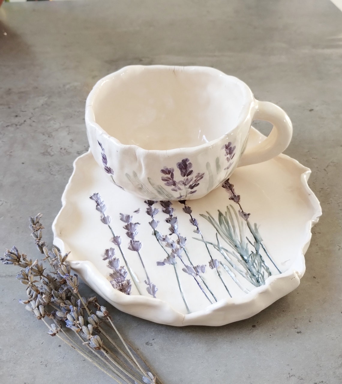 Ceramic Cup and Plate With Lavender Imprint. Pottery Lavender - Etsy