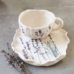 Ceramic Cup and Plate With Lavender Imprint. Pottery Lavender Set. - Etsy