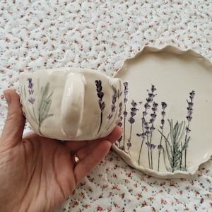Ceramic Cup and Plate With Lavender Imprint. Pottery Lavender Set. - Etsy