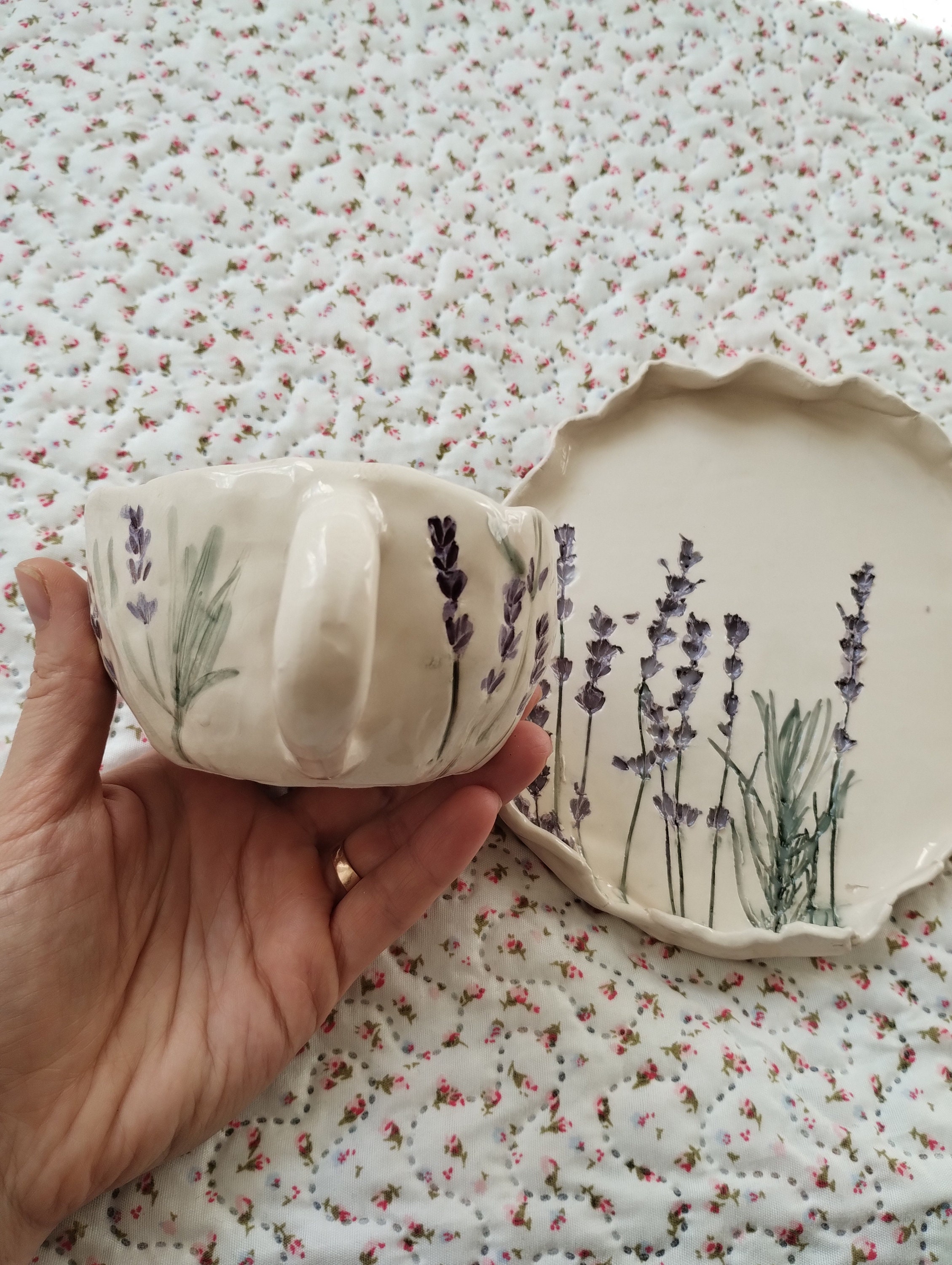 Ceramic Cup and Plate With Lavender Imprint. Pottery Lavender Set. - Etsy