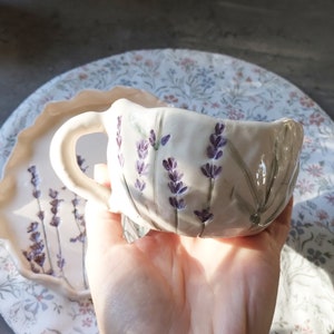 Ceramic Cup and Plate With Lavender Imprint. Pottery Lavender Set. - Etsy