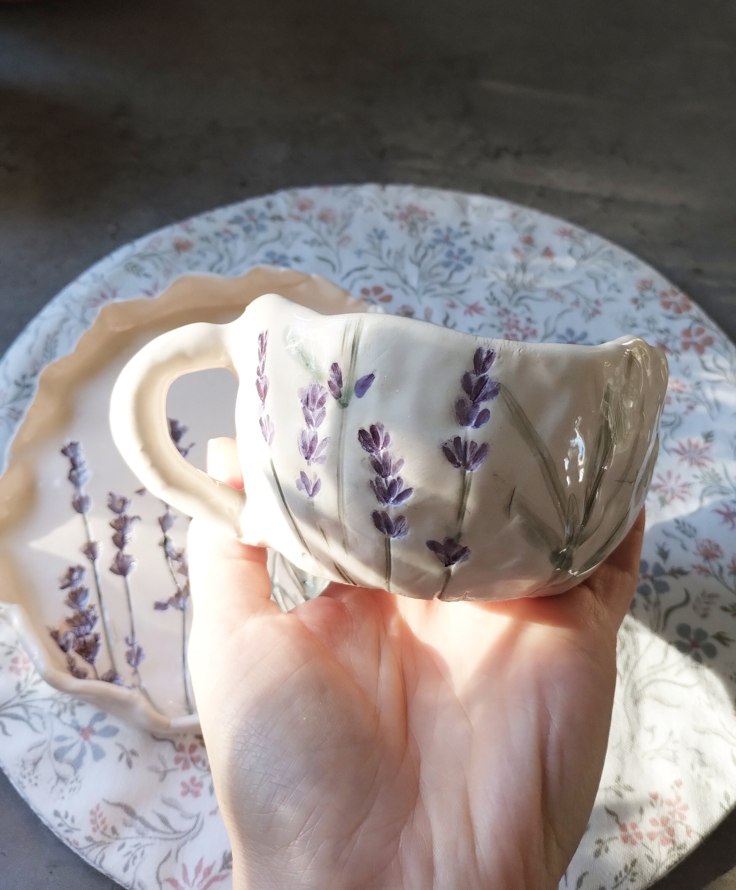 Ceramic Cup and Plate With Lavender Imprint. Pottery Lavender Set. - Etsy