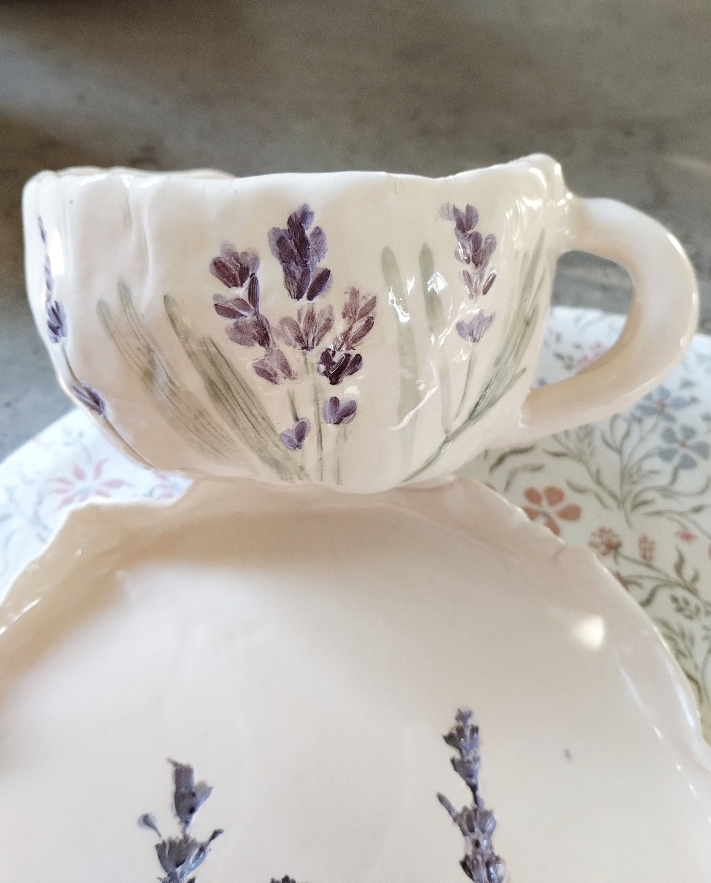 Ceramic Cup and Plate With Lavender Imprint. Pottery Lavender Set. - Etsy