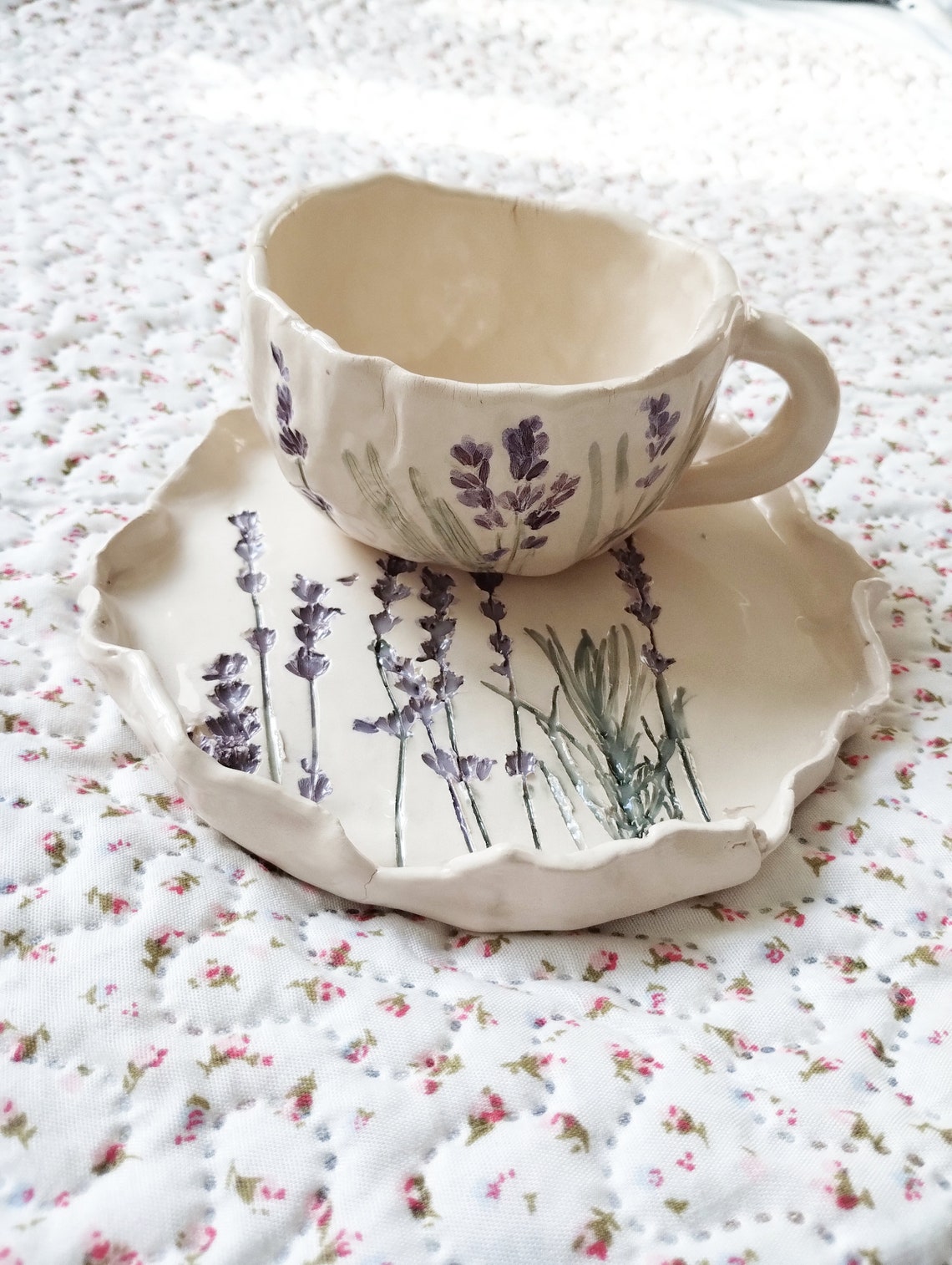 Ceramic Cup and Plate With Lavender Imprint. Pottery Lavender - Etsy