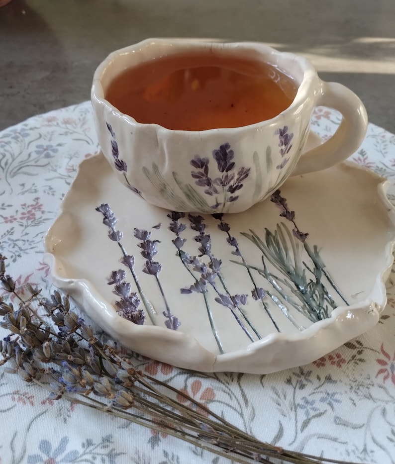Ceramic Cup and Plate With Lavender Imprint. Pottery Lavender Set. - Etsy