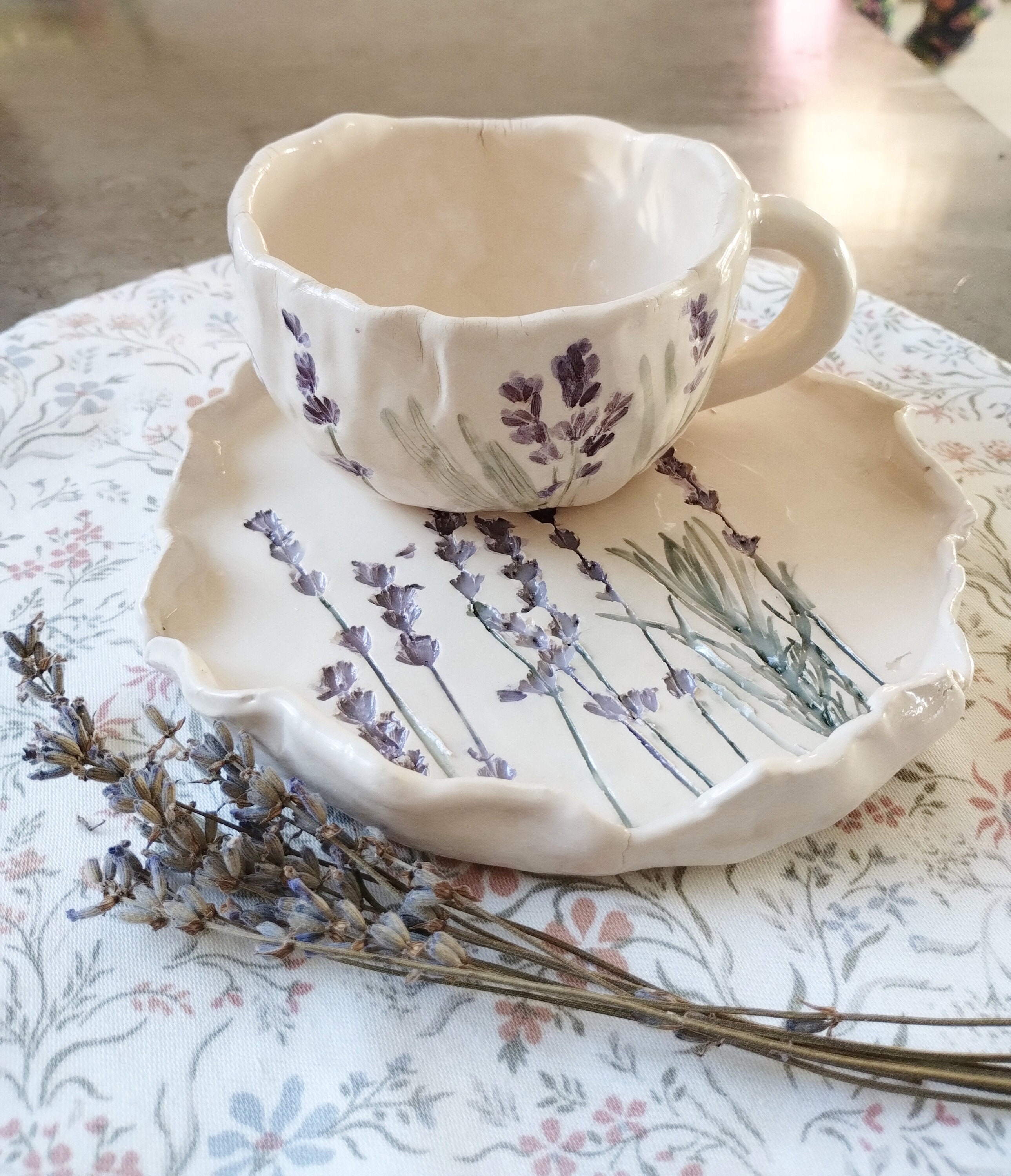 Ceramic Cup and Plate With Lavender Imprint. Pottery Lavender Set. - Etsy