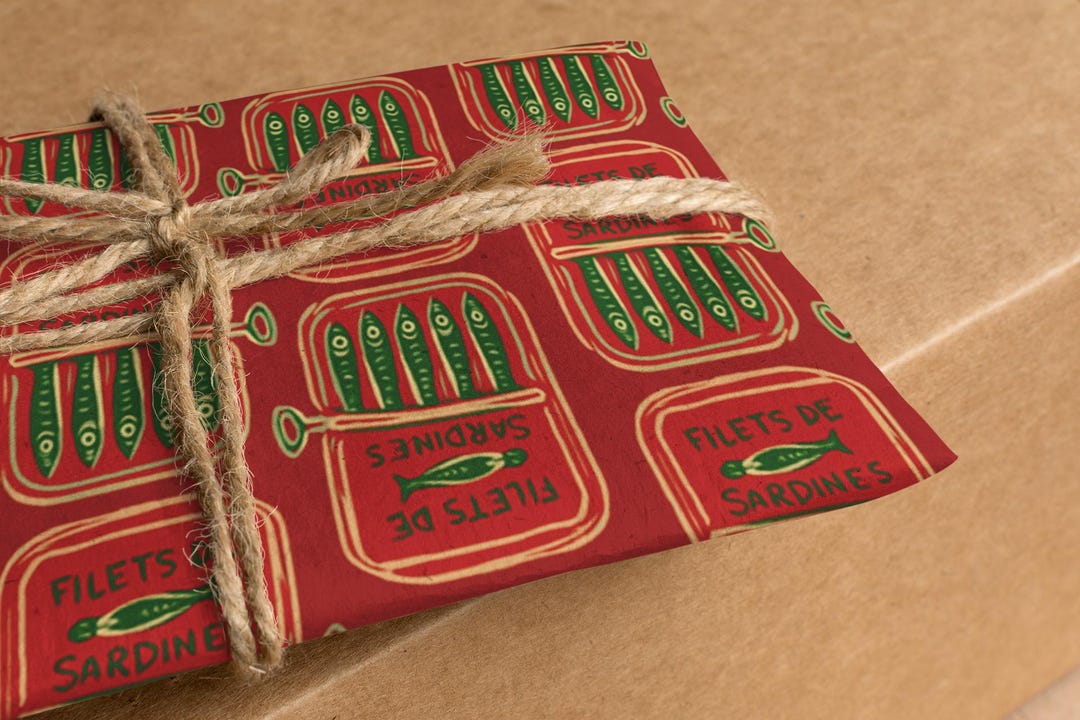Retro Sardine Tin Print Wrapping Paper - Red Holiday Edition - Etsy