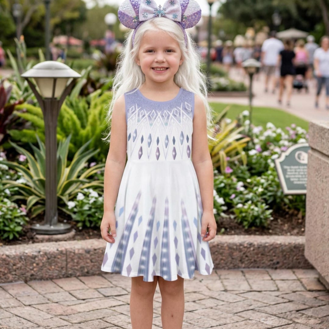 Elsa Inspired Girls Skater Dress | Snow Frozen Fractals Queen Twirl ...