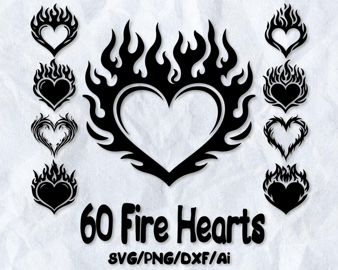 60 Flame Heart Svg Bundle Png, Fire Heart Svg Png, Flame Heart Clipart ...