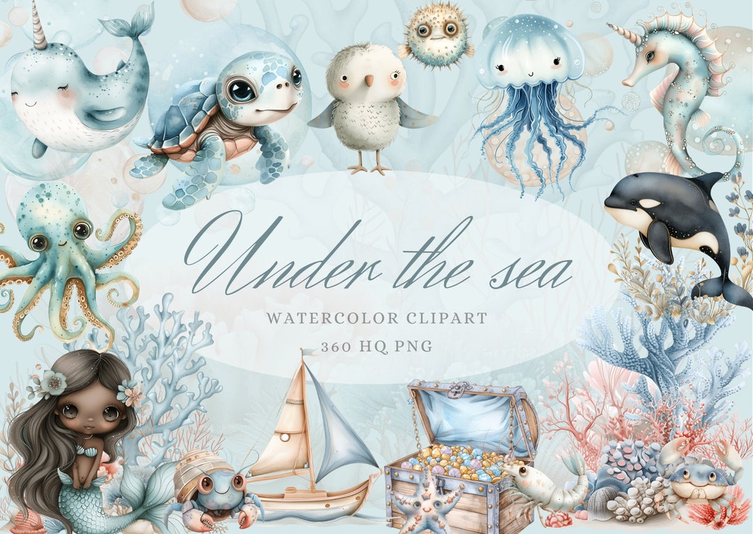 360 Undersea Watercolor Clipart Bundle Cute Ocean Animals PNG Baby ...