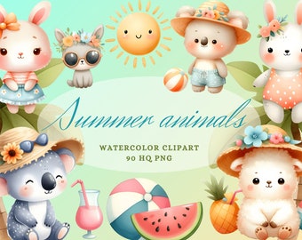 Summer Animals Clipart, Summer Watercolor Clipart, Hello Summer PNG ...