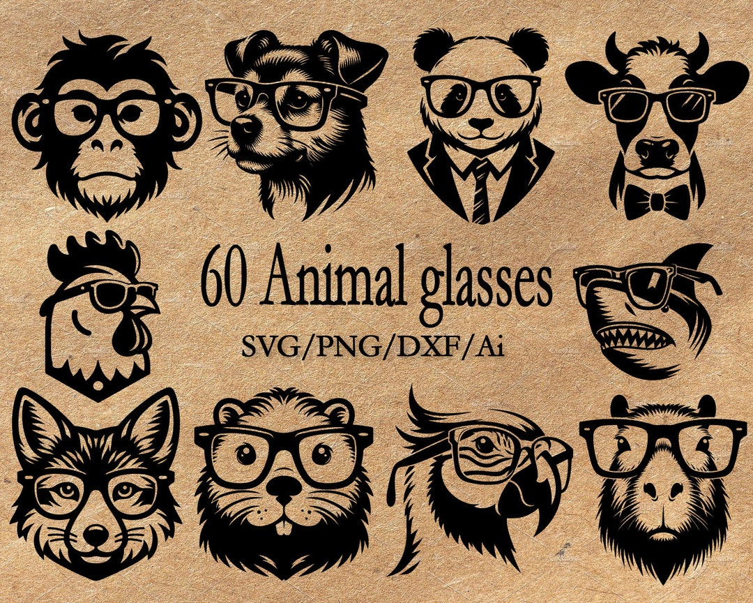 Animal Faces With Glasses SVG Bundle: 60 Clipart Designs (digital ...