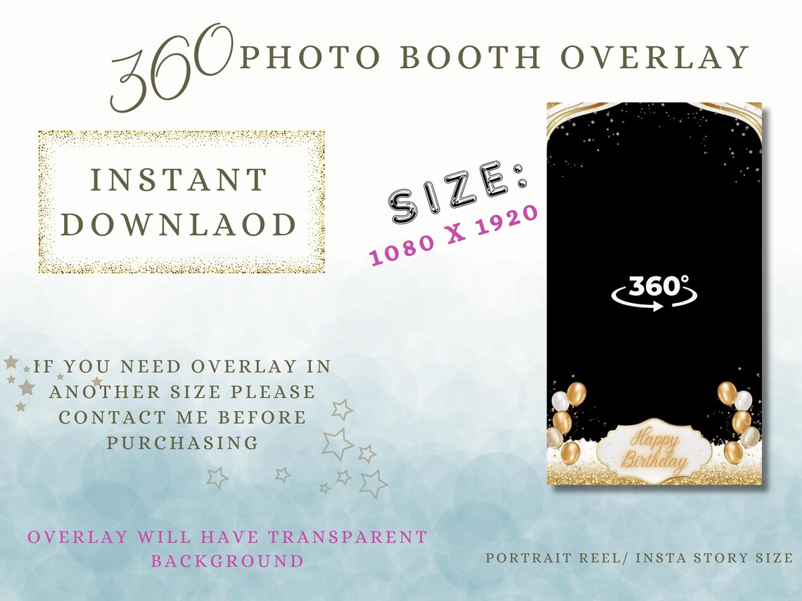 360 Photo Booth Overlay, Birthday Overlay, White and Gold Sparkle ...