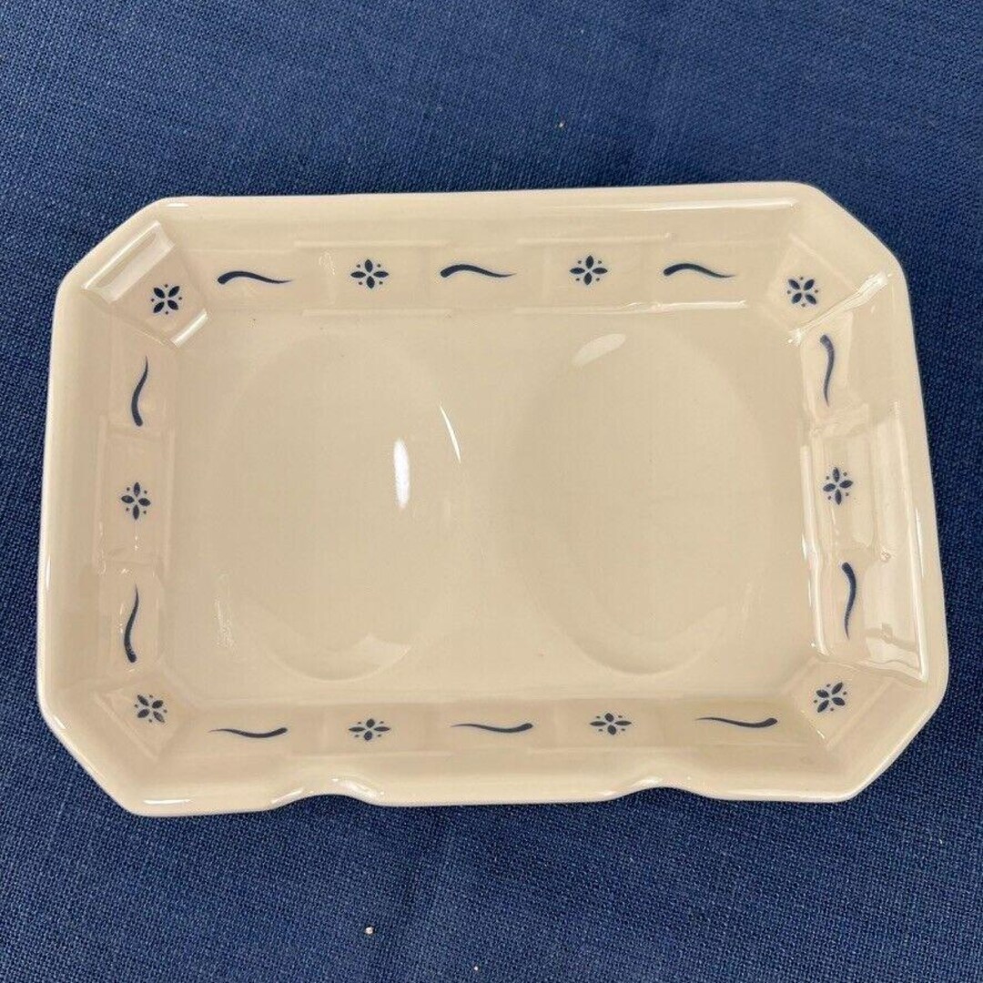 Longaberger Pottery Woven Traditions Classic Blue Double Spoon Rest 6.5 ...