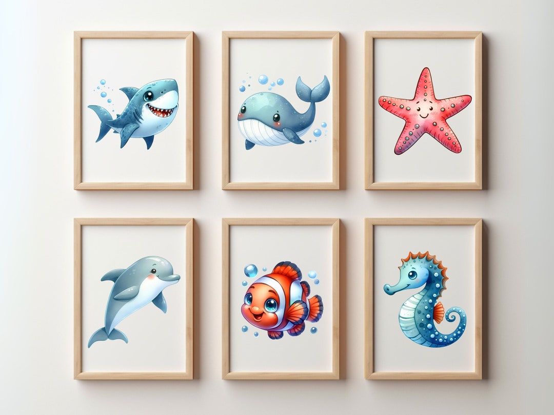 Sea Life Nursery Print Set: Shark, Whale, Starfish, Dolphin, Clownfish ...