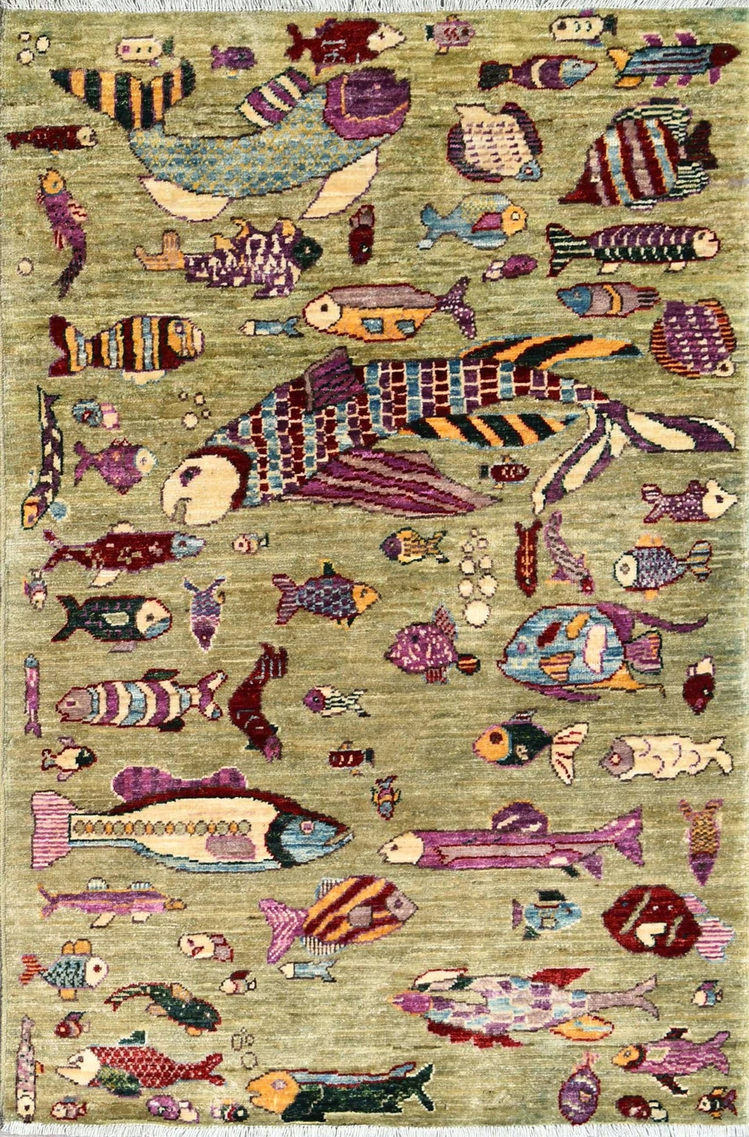 3x5 Fish Pictorial Rug, Green Hand Knotted Afghan Wool Rug, Tribal ...
