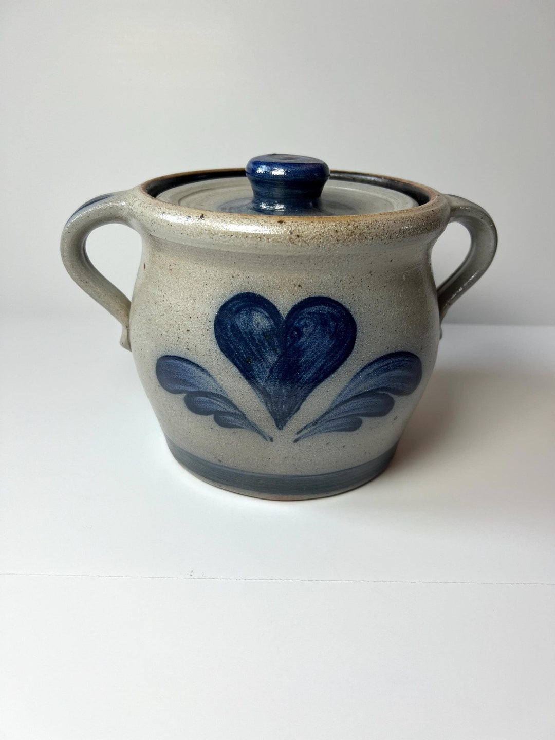Rowe Pottery Bean Pot Crock Double Handled Pot With Lid - Gray Salt ...