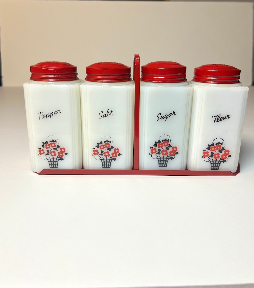Tipp Milk Glass Spice Shaker Set Red Flower Basket Sugar Flour Salt ...