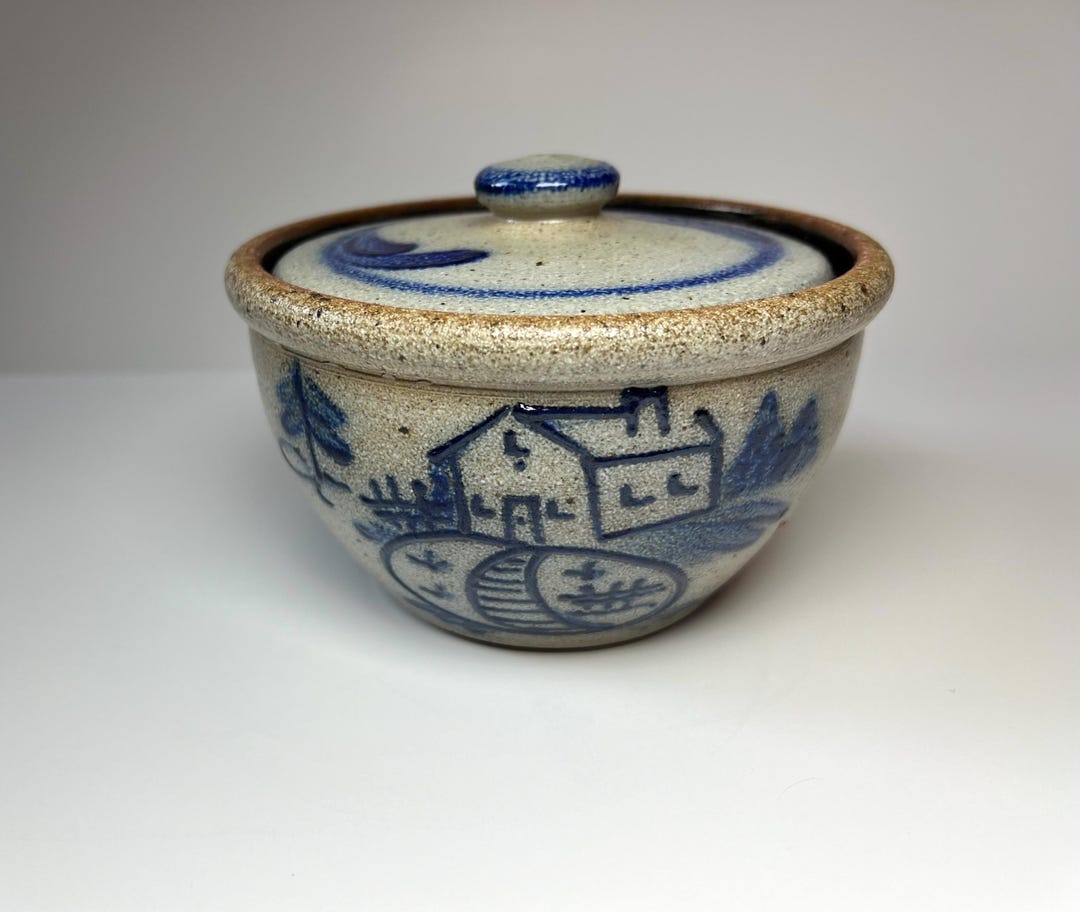 Rowe Pottery Covered Crock Dish - Hand Painted Cobalt Blue House ...