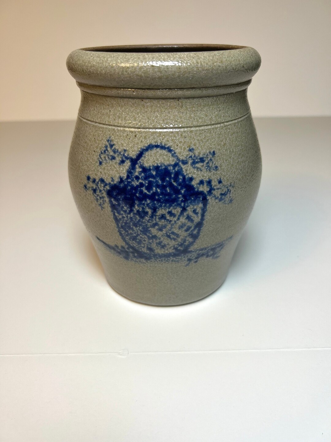 Rowe Pottery Crock Jar Vase - Blue Berry Basket - Gray Salt Glaze ...