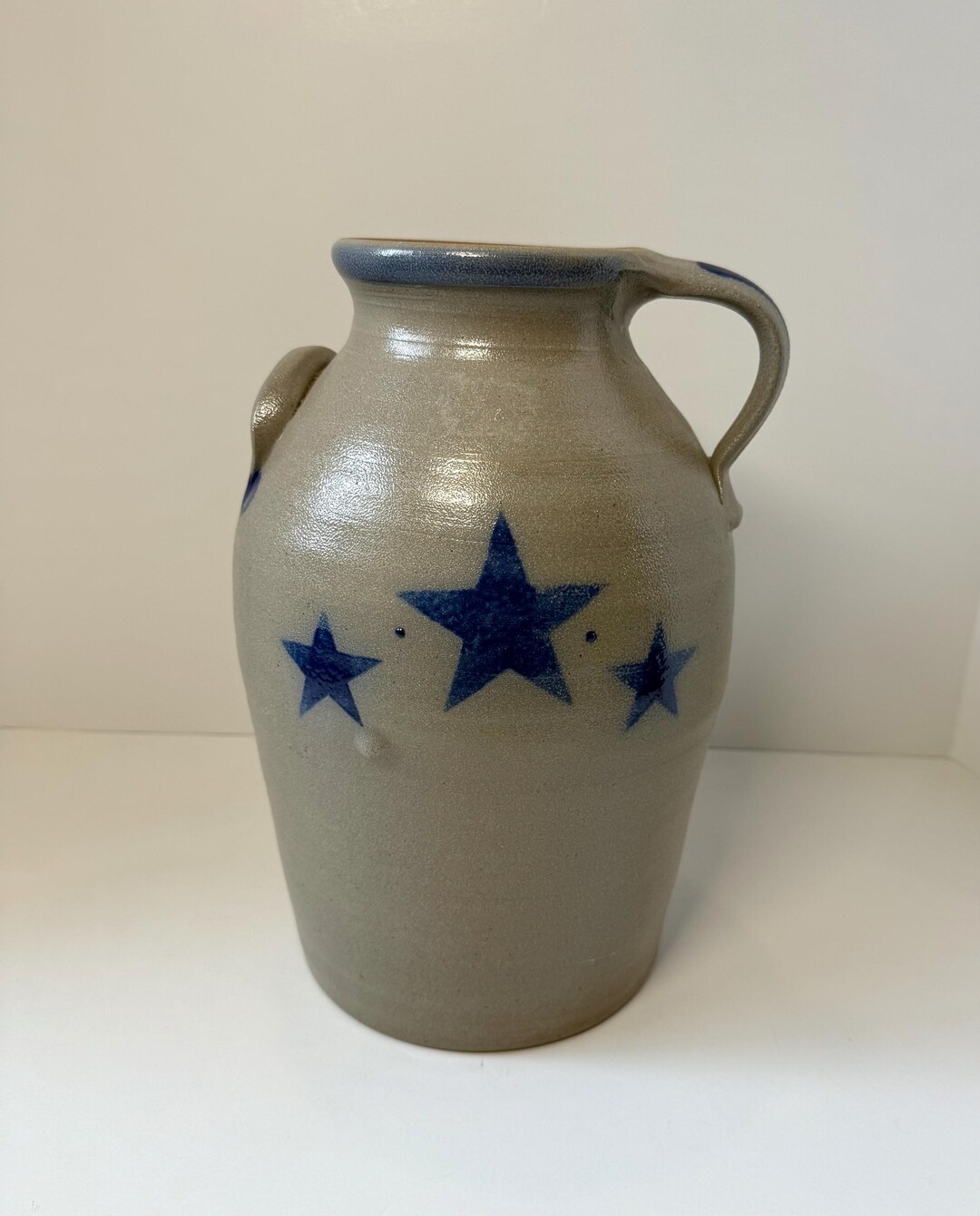 Rowe Pottery Crock Jug With Handle - Hand Painted Cobalt Blue Stars ...
