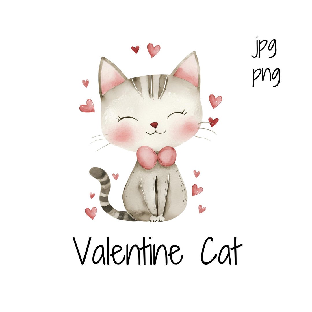 Cute Valentine Cat Clipart | Happy Watercolor Kitten With Hearts PNG ...