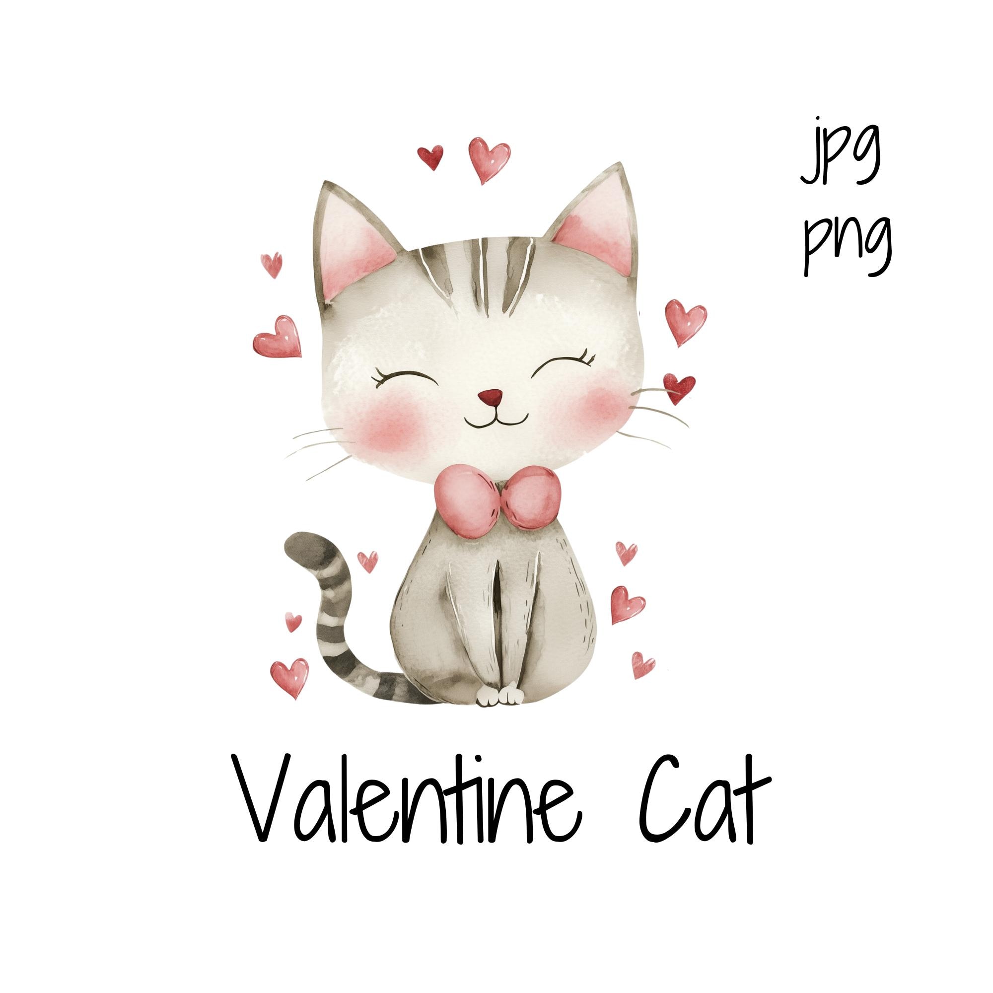 Cute Valentine Cat Clipart | Happy Watercolor Kitten With Hearts PNG ...