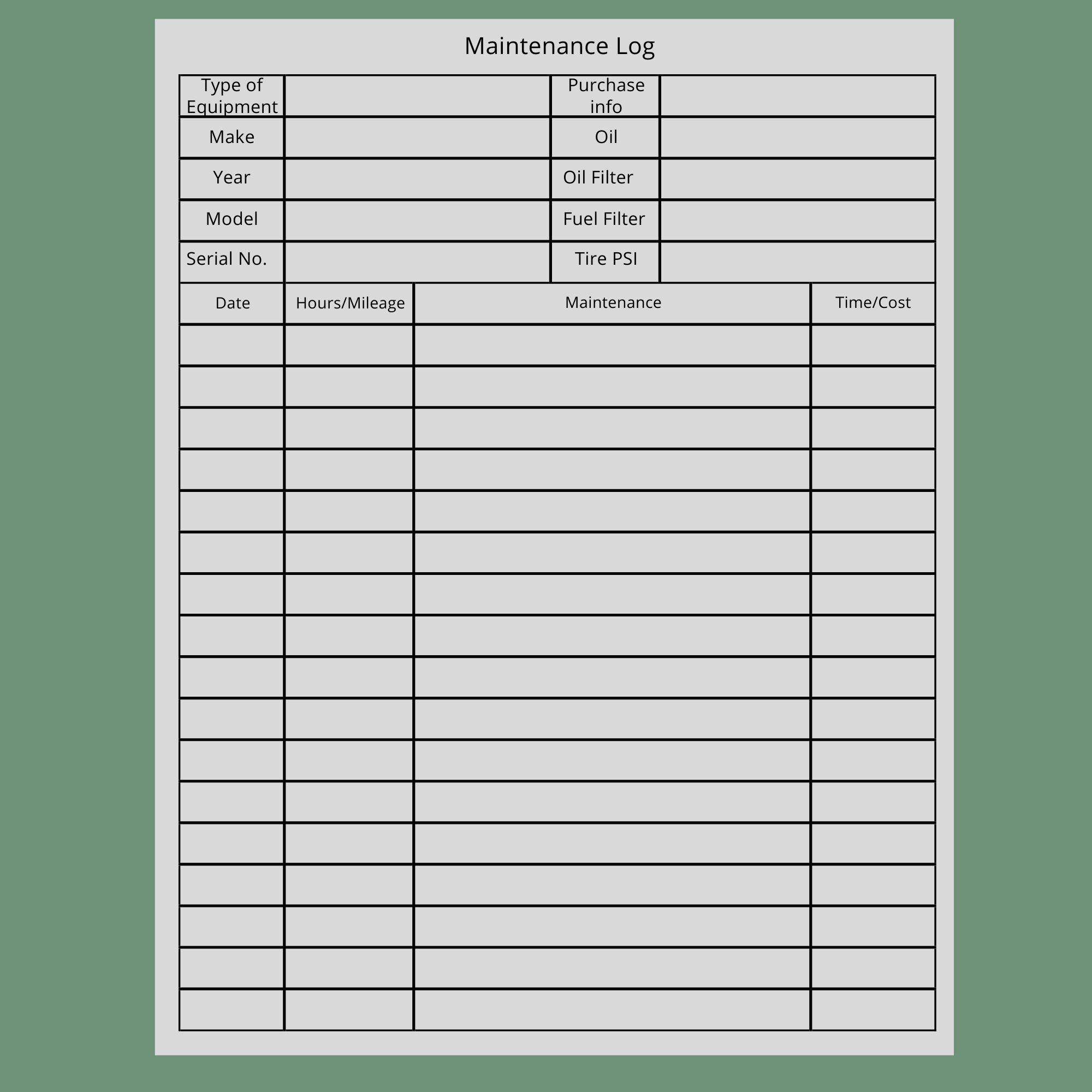 Equipment Maintenance Log Wall Chart Laminated Poster 36x24in for Farm ...